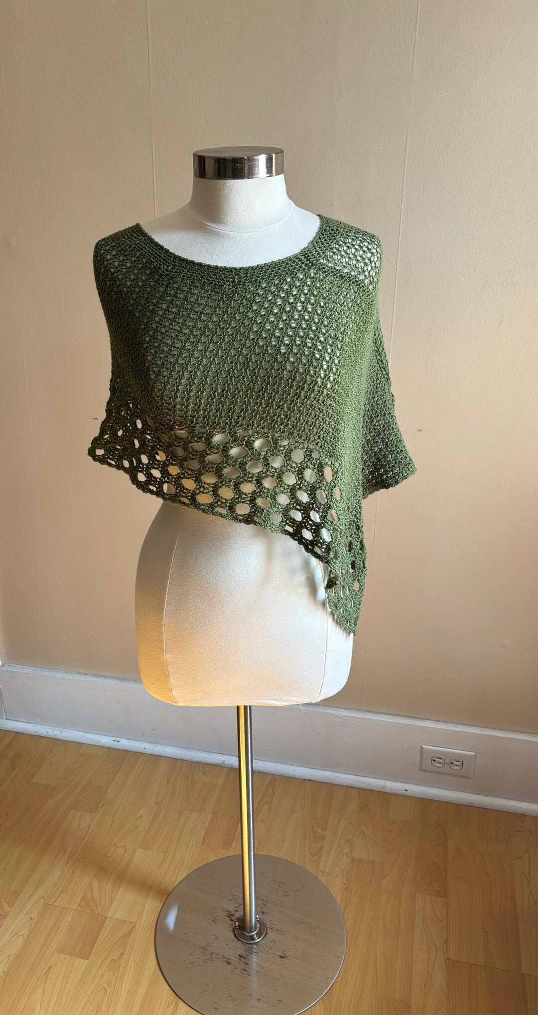 Olive Green Crochet Poncho, Green Cropped Poncho, Green Crochet Poncho ...