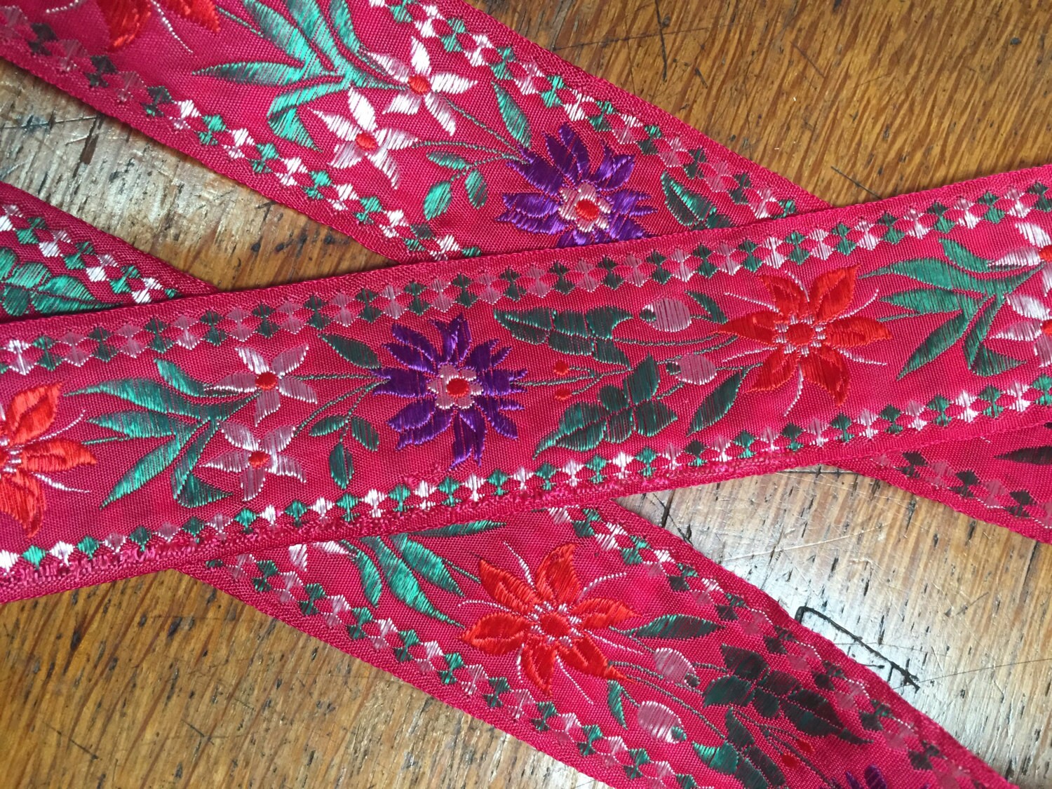 Beautiful Red Floral Ribbon Purple Green and Red Florals Red | Etsy