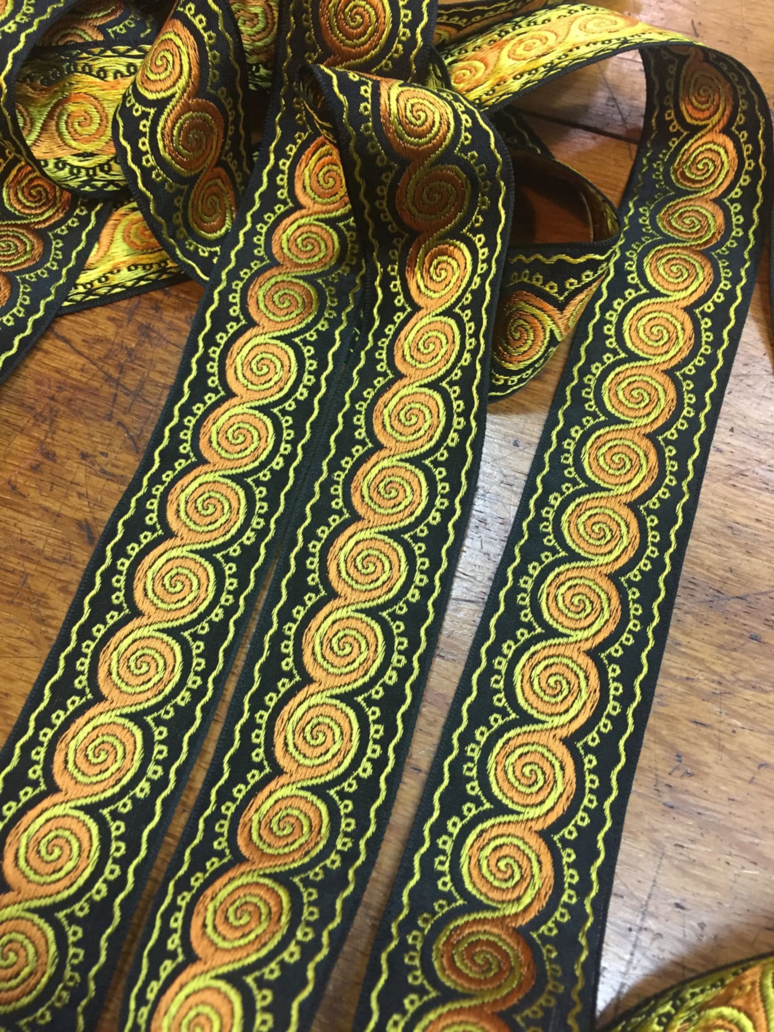 Vintage Circular Design French Brocade Ribbon, Black, Yellow, Amber, 1 ...