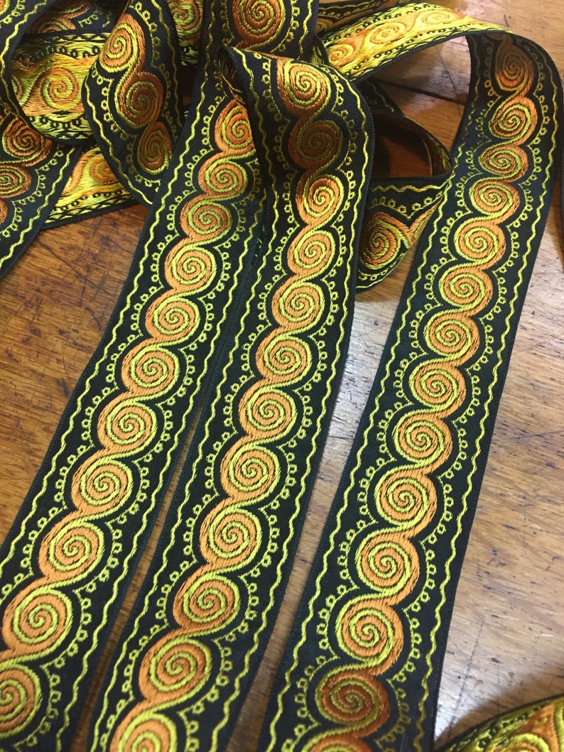 Vintage Circular Design French Brocade Ribbon, Black, Yellow, Amber, 1 ...