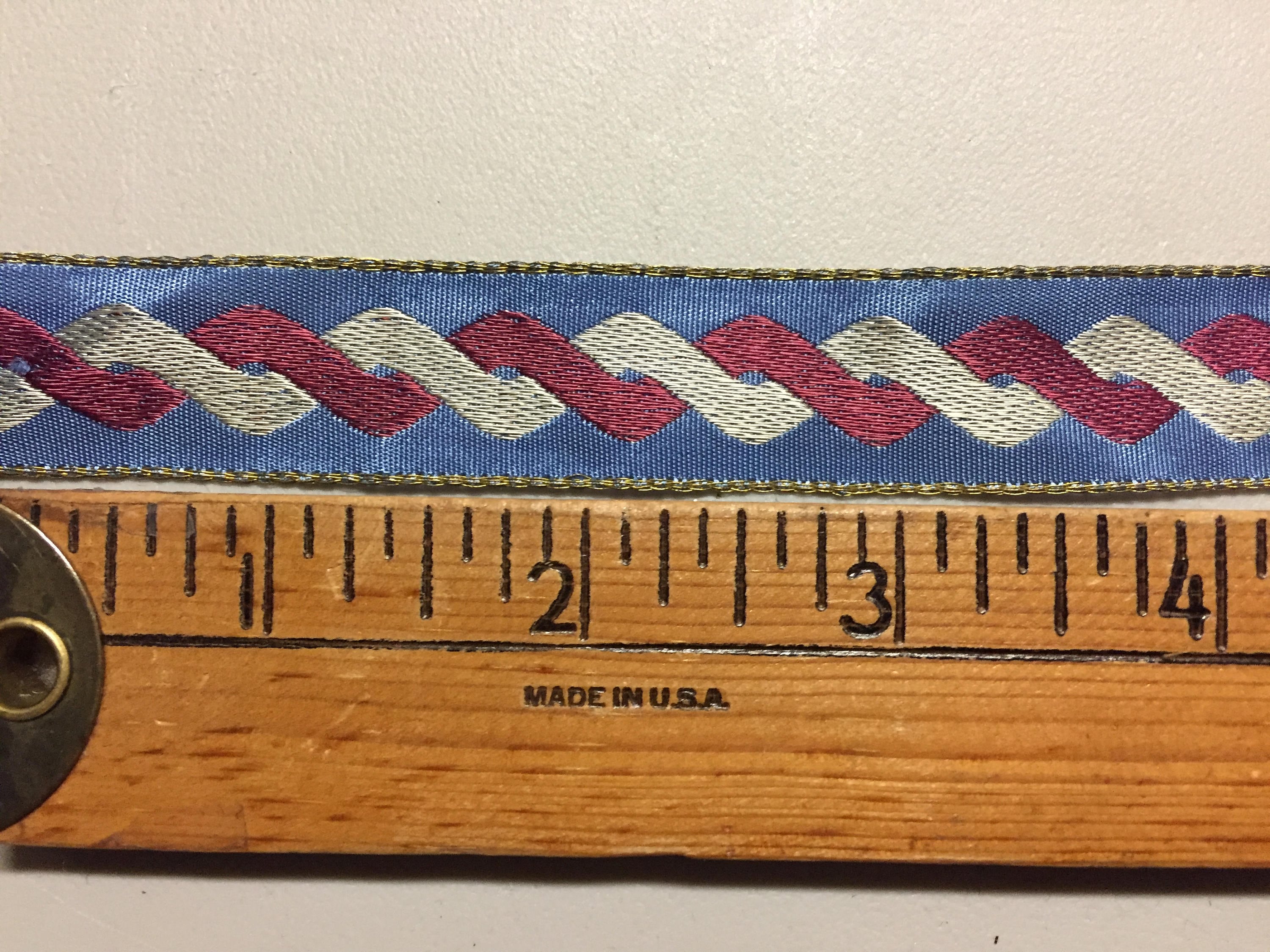 Jacquard Ribbon, Red, Ivory Interlocking Lifted Design on a French Blue ...