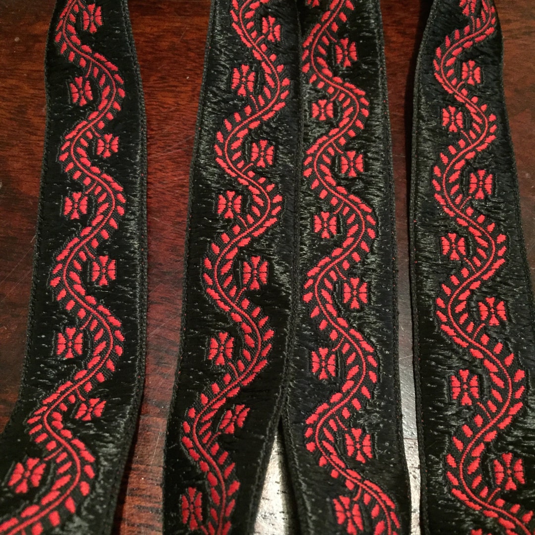 Red on Black Paisley Brocade Ribbon, Made in Germany, Black Background ...