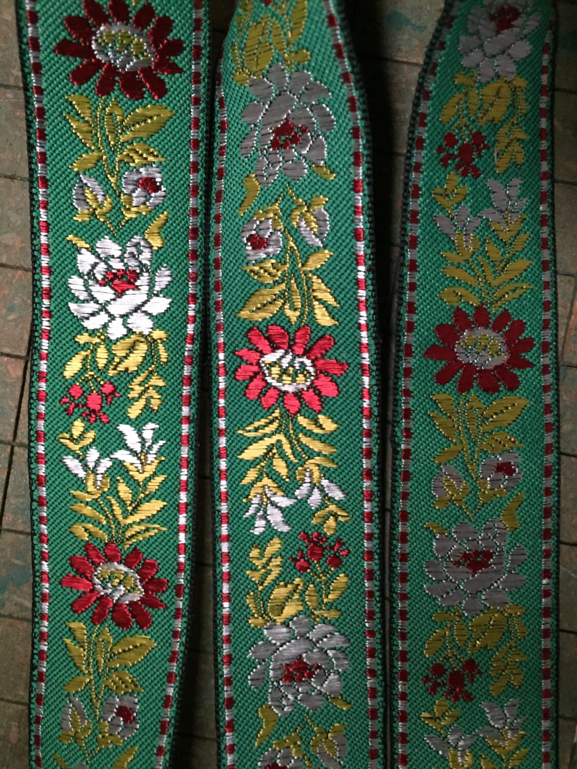 Vintage floral brocade ribbon red yellow and green from | Etsy