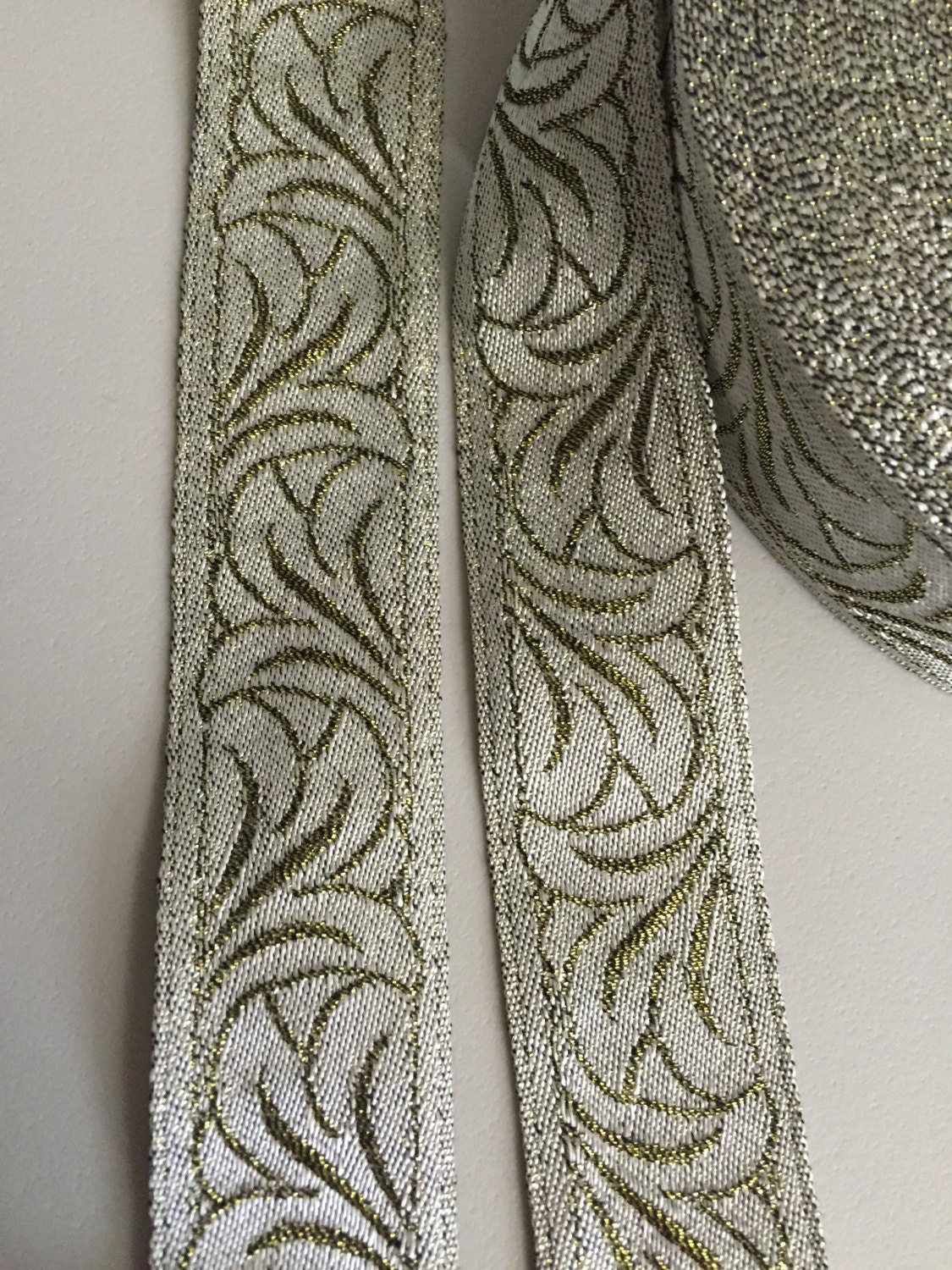 Vintage French Brocade Ribbon, a Thick White and Iridescent Gold Design ...