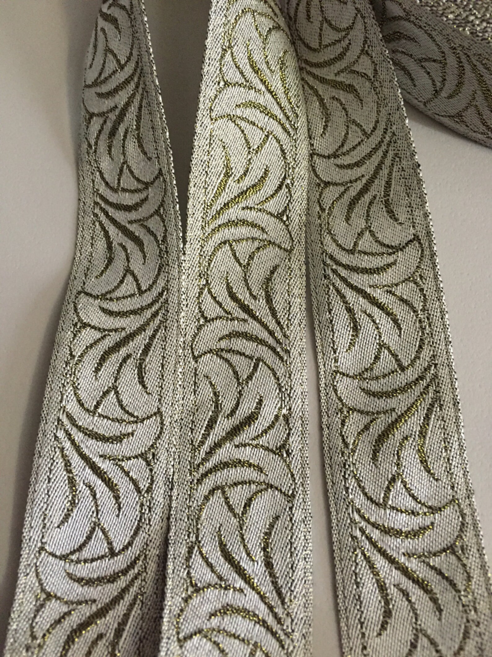 Vintage French Brocade Ribbon, a Thick White and Iridescent Gold Design ...