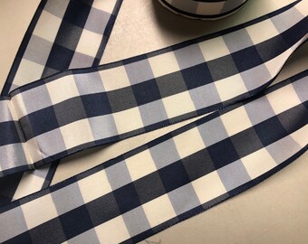 Vintage Checker Plaid Ribbon in Navy Blue and White Green | Etsy