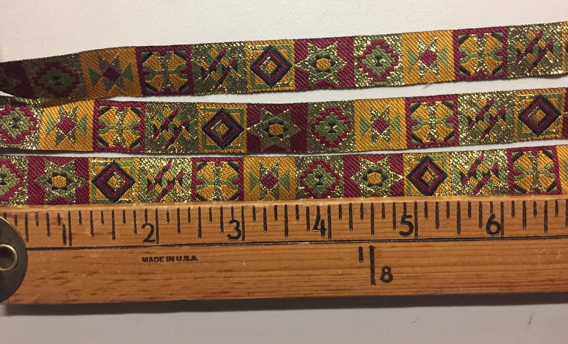 Ribbon with Square Geometric Pattern Deep Red Metallic Gold | Etsy
