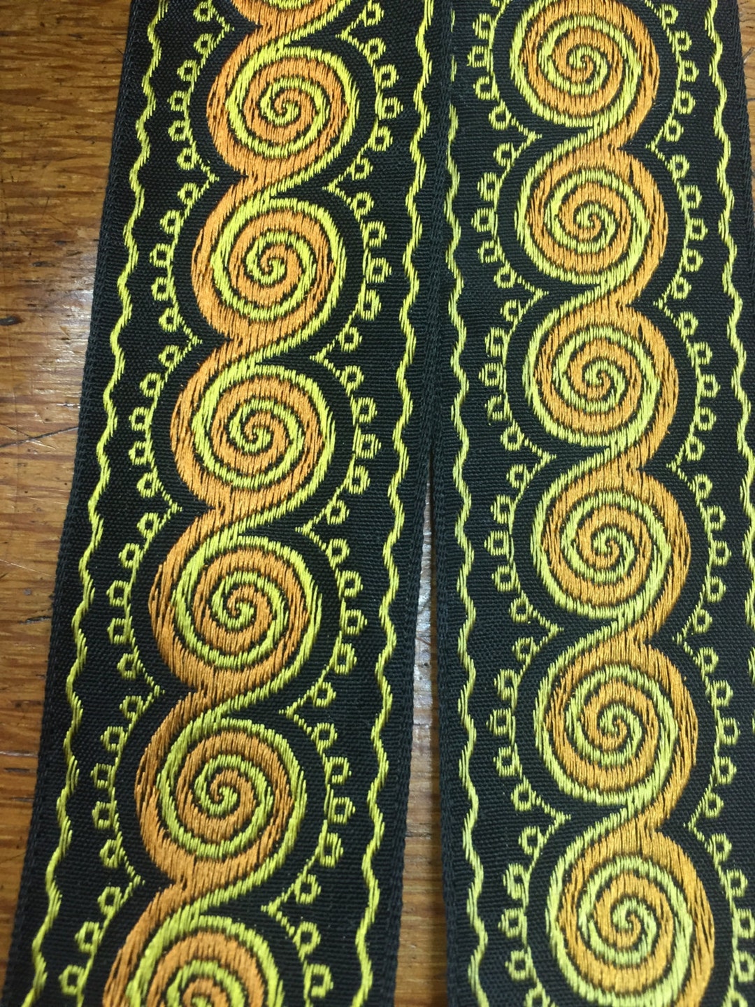 Vintage Circular Design French Brocade Ribbon, Black, Yellow, Amber, 1 ...