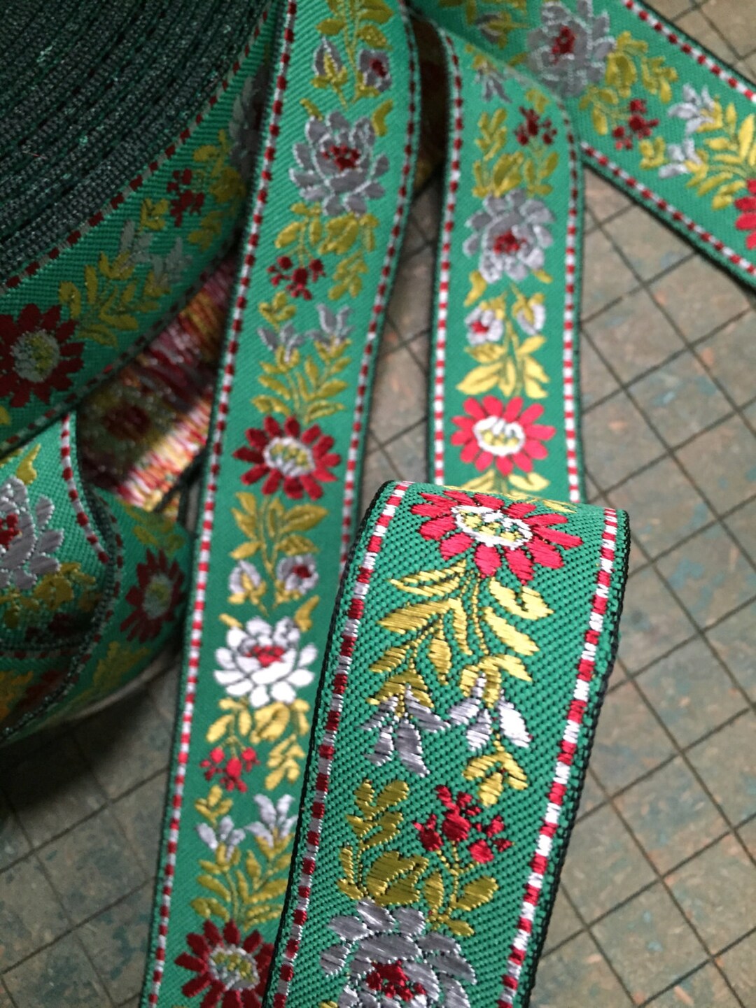 Vintage Floral Brocade Ribbon Red, Yellow and Green From France, 3/4 ...
