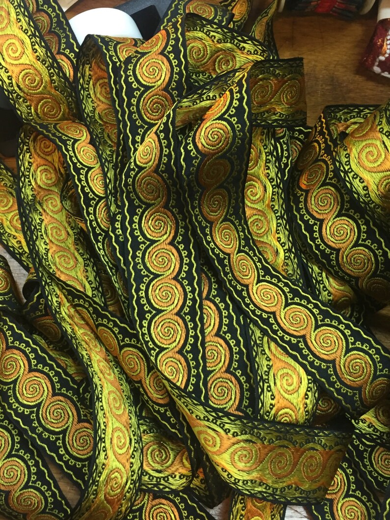 Vintage Circular Design French Brocade Ribbon, Black, Yellow, Amber, 1 ...