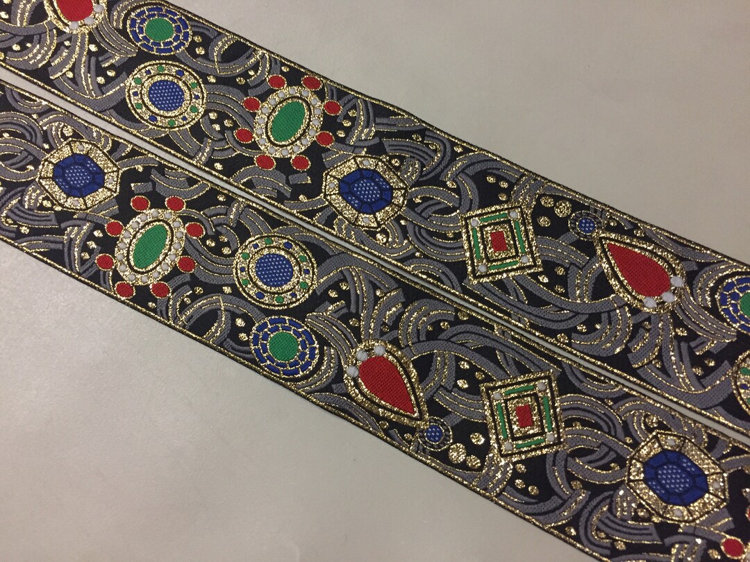 Jacquard Ribbon With Jewel Motif, Green, Brown, Red and Blue, Metallic ...