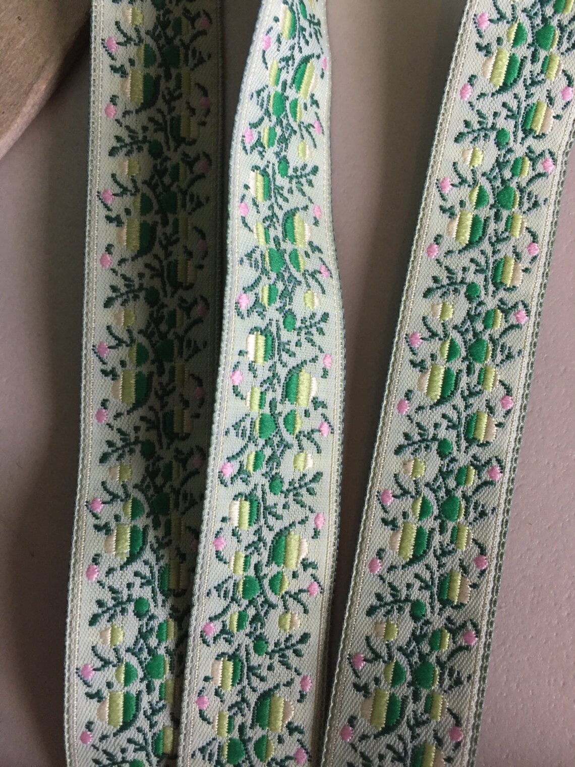 Floral Jacquard Ribbon Pink Yellow and Greens on Light Green - Etsy