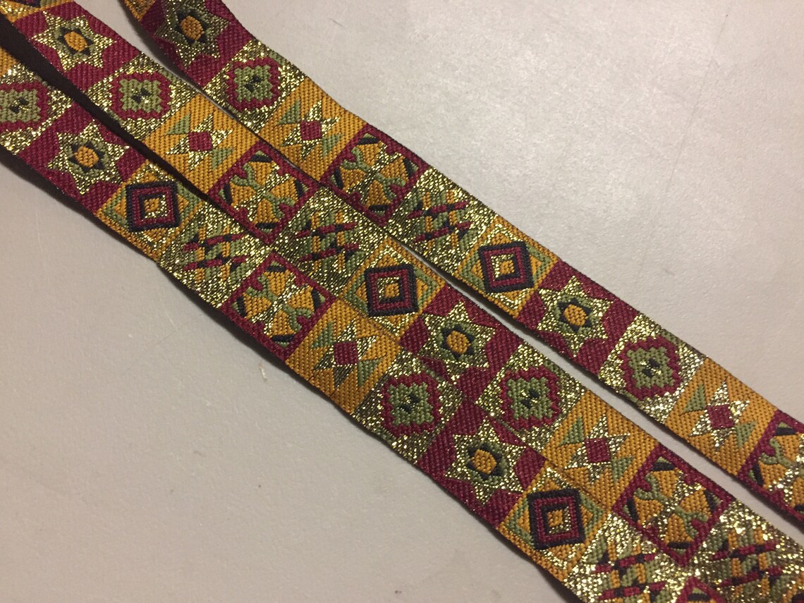 Ribbon with Square Geometric Pattern Deep Red Metallic Gold | Etsy