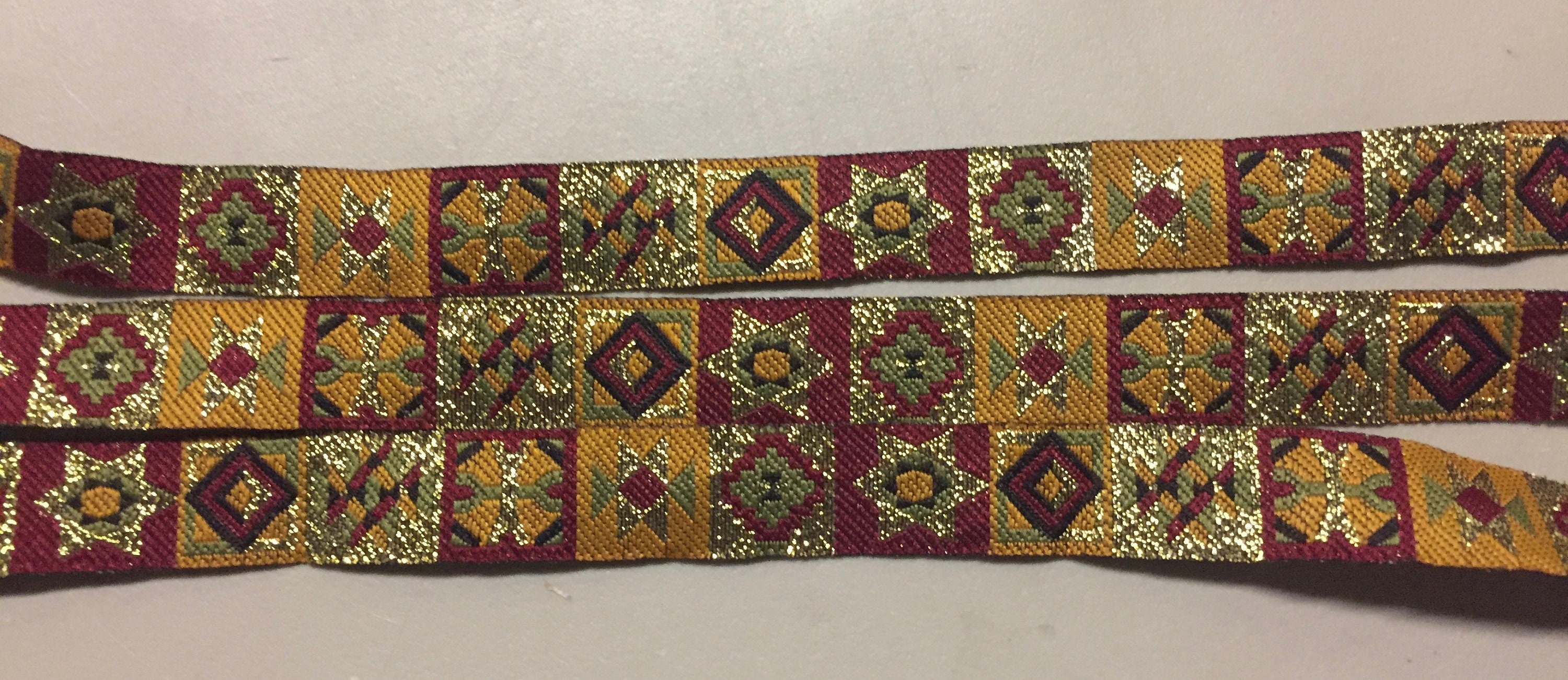 Ribbon with Square Geometric Pattern Deep Red Metallic Gold | Etsy