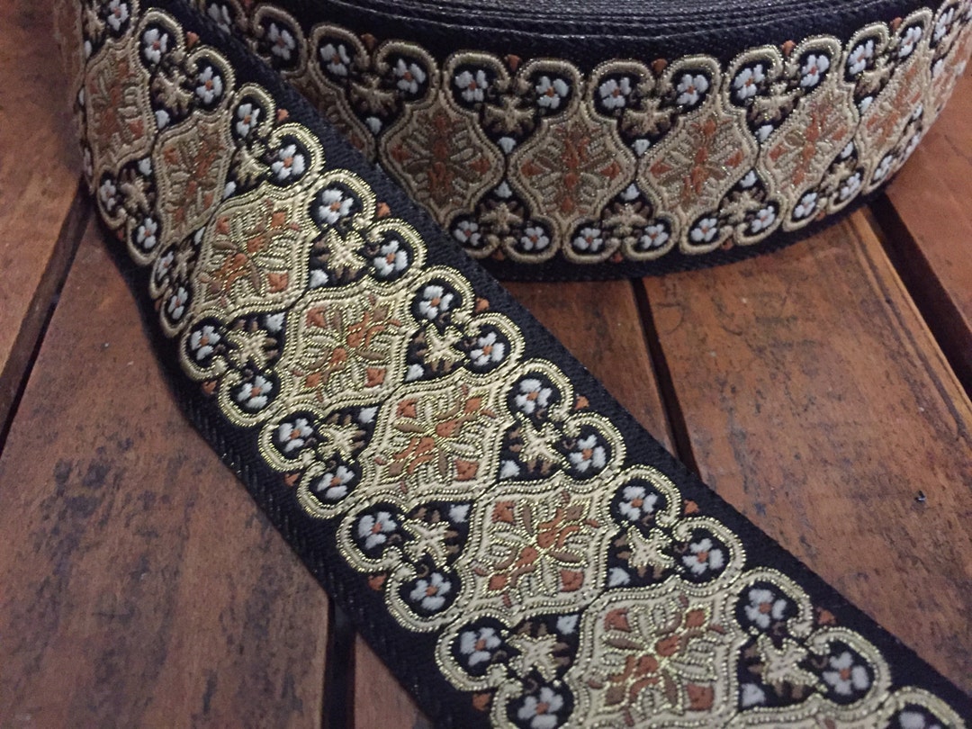 Renaissance Brocade Ribbon, Black, Gold and White Floral Pattern, 1 3/4 ...