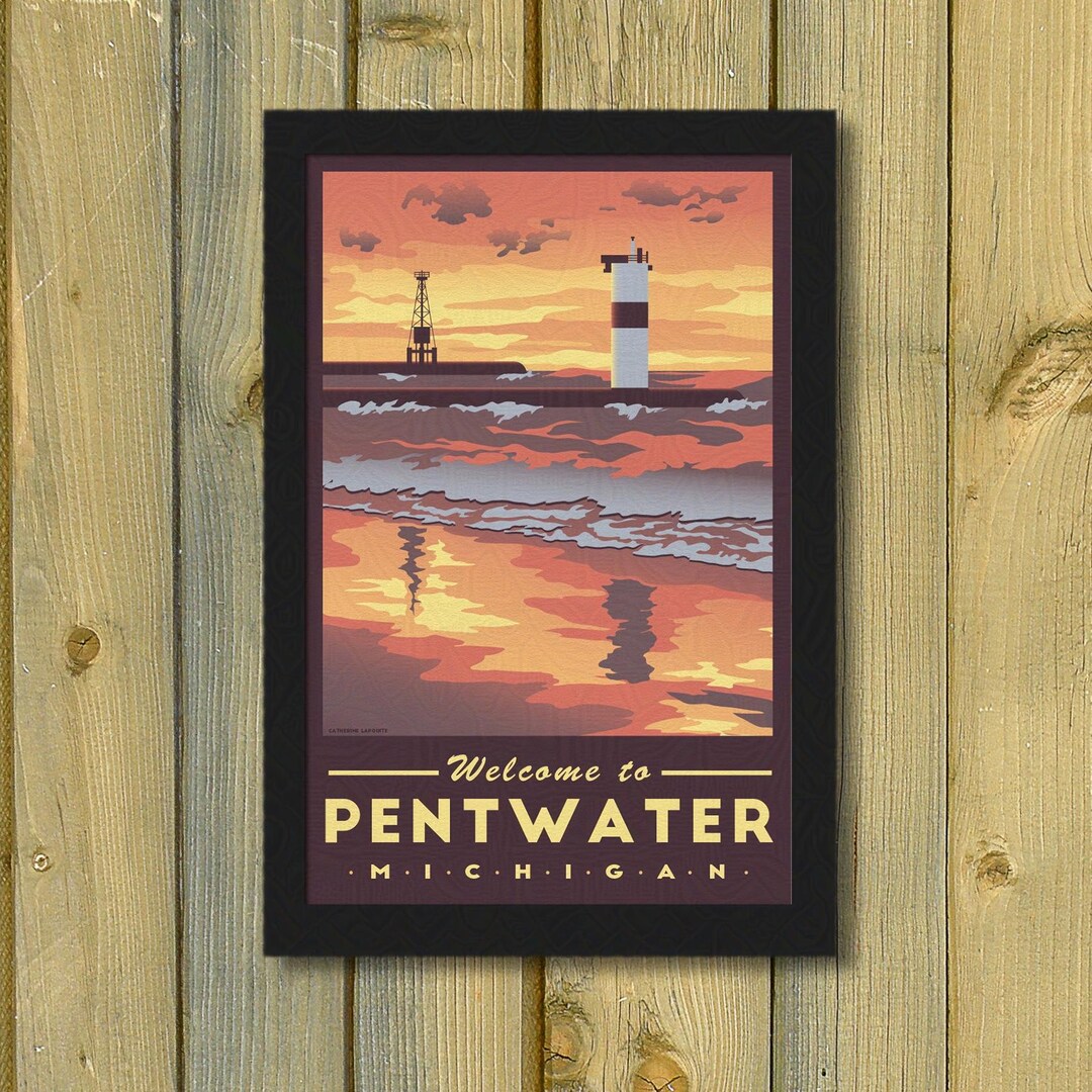 Pentwater Lighthouse Vintage Travel Poster- Retro Michigan Art Print - Etsy