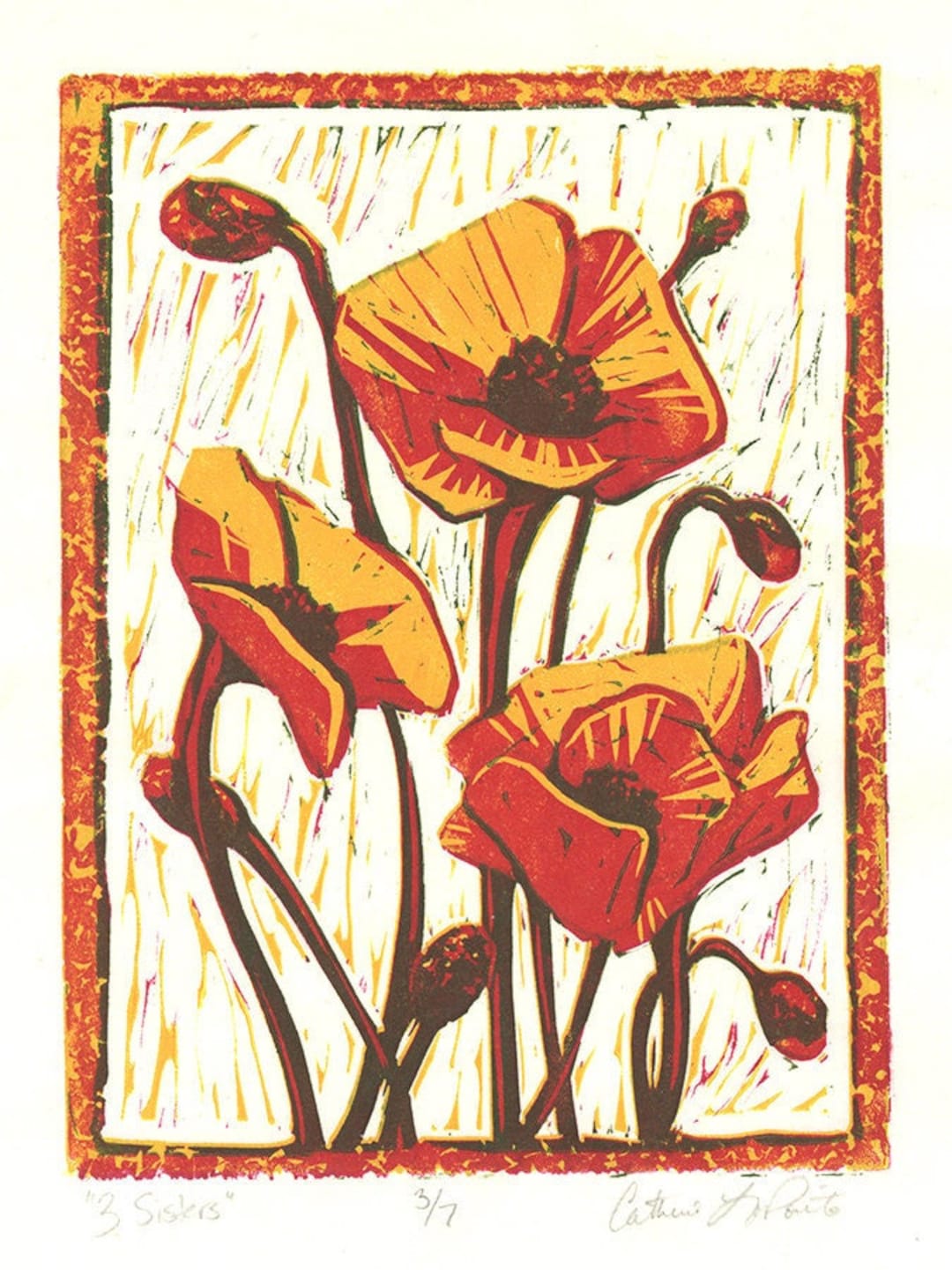 Poppies Floral Art | Lino Cut Reduction Print | Flower Original ...