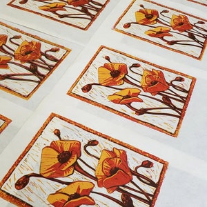Poppies Floral Art | Lino Cut Reduction Print | Flower Original ...