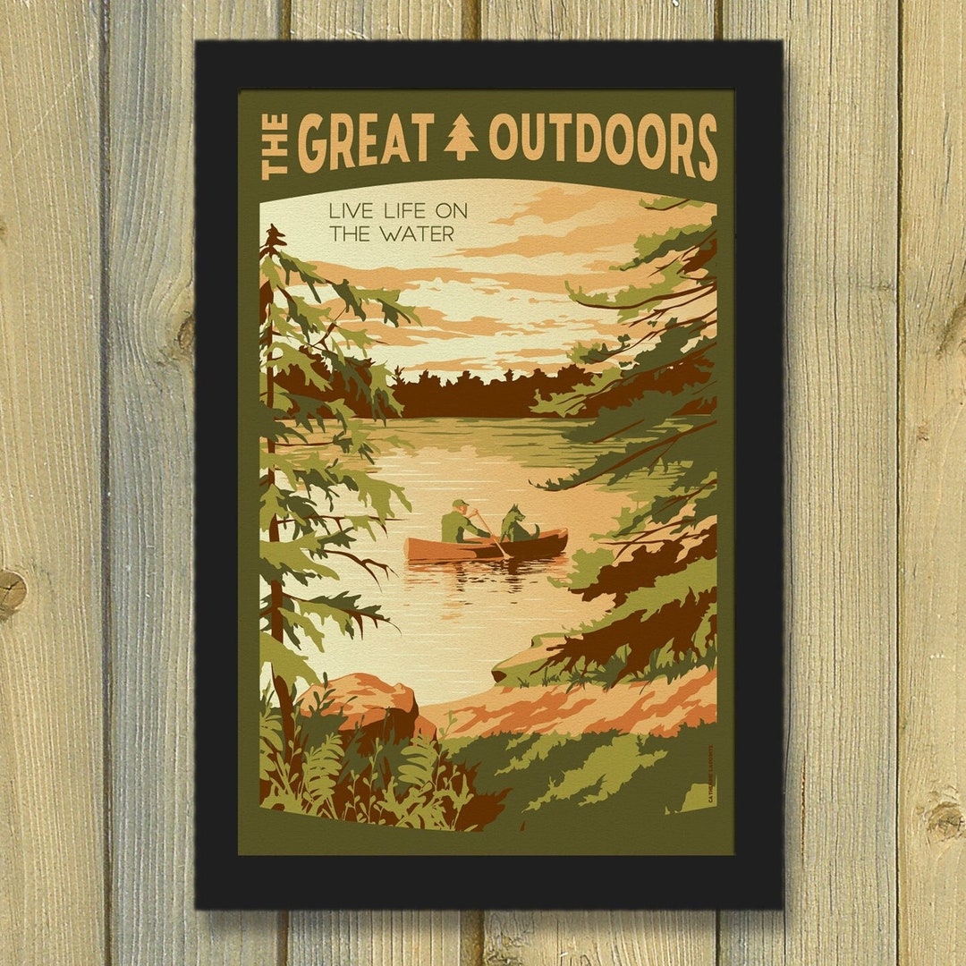 Canoe Lake Retro Travel Poster Great Outdoors Camping Vintage Art Print ...