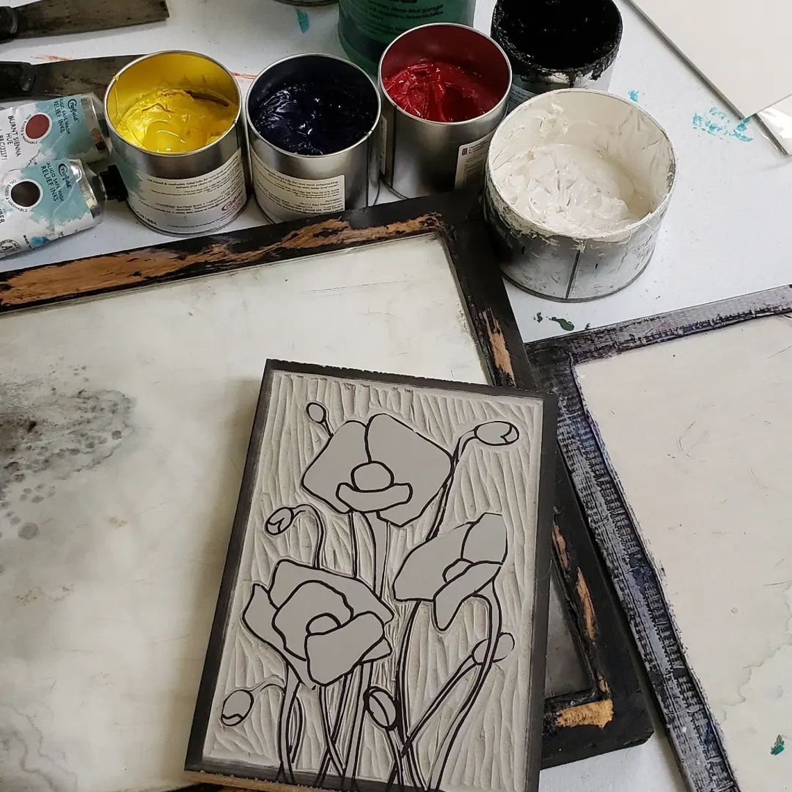 Poppies Floral Art | Lino Cut Reduction Print | Flower Original ...
