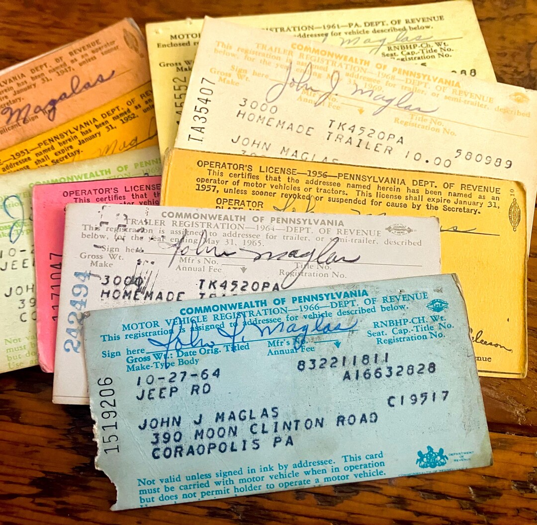 5 Assorted Vintage Driving Identification Cards, Car Registration ...