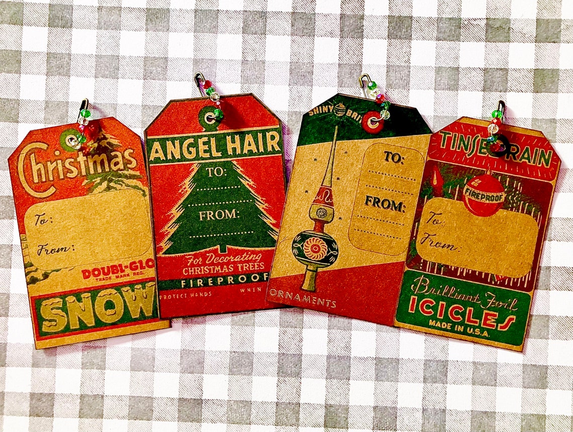 Set of 8 Beaded Retro Christmas Gift Tags, Christmas Gift Wrap ...