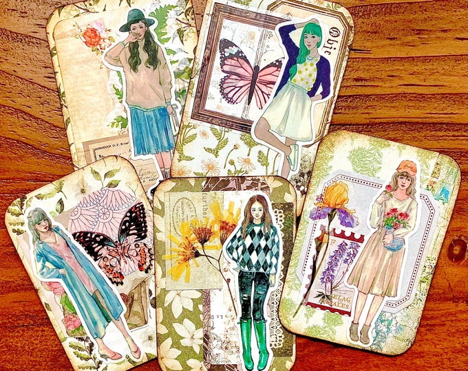 Set of 5 Collaged Journal Cards, Vintage Inspired Paper Embellishments ...
