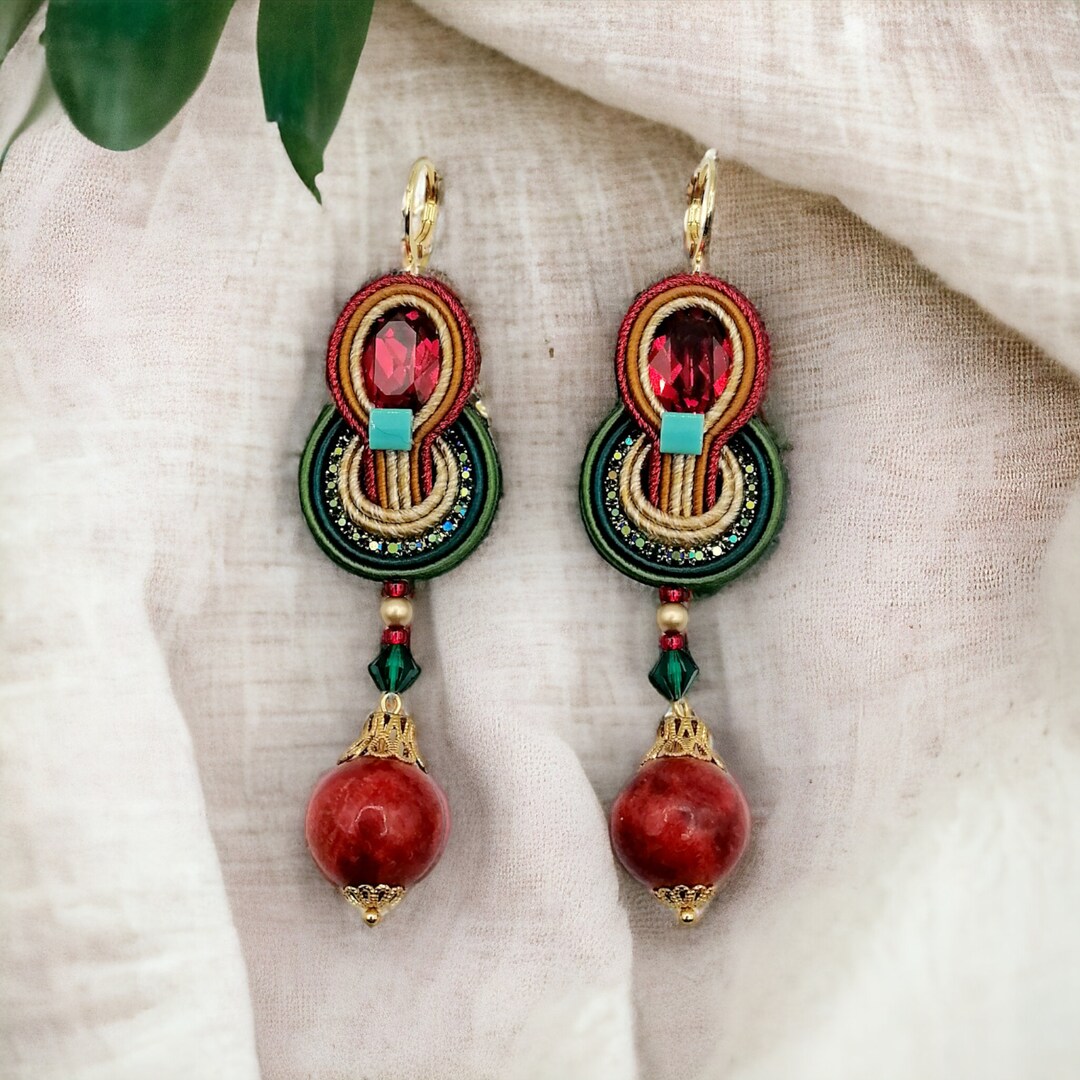Soutache Earrings With Red Coral Drops, Long Boho Womens Earrings ...