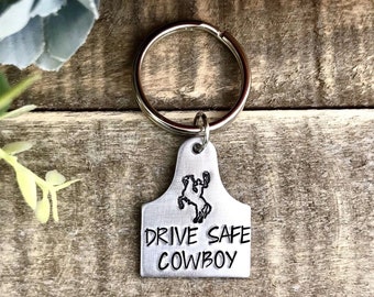 Hand Stamped Cattle Ear Tag Drive Safe Cowboy Keychain | Etsy