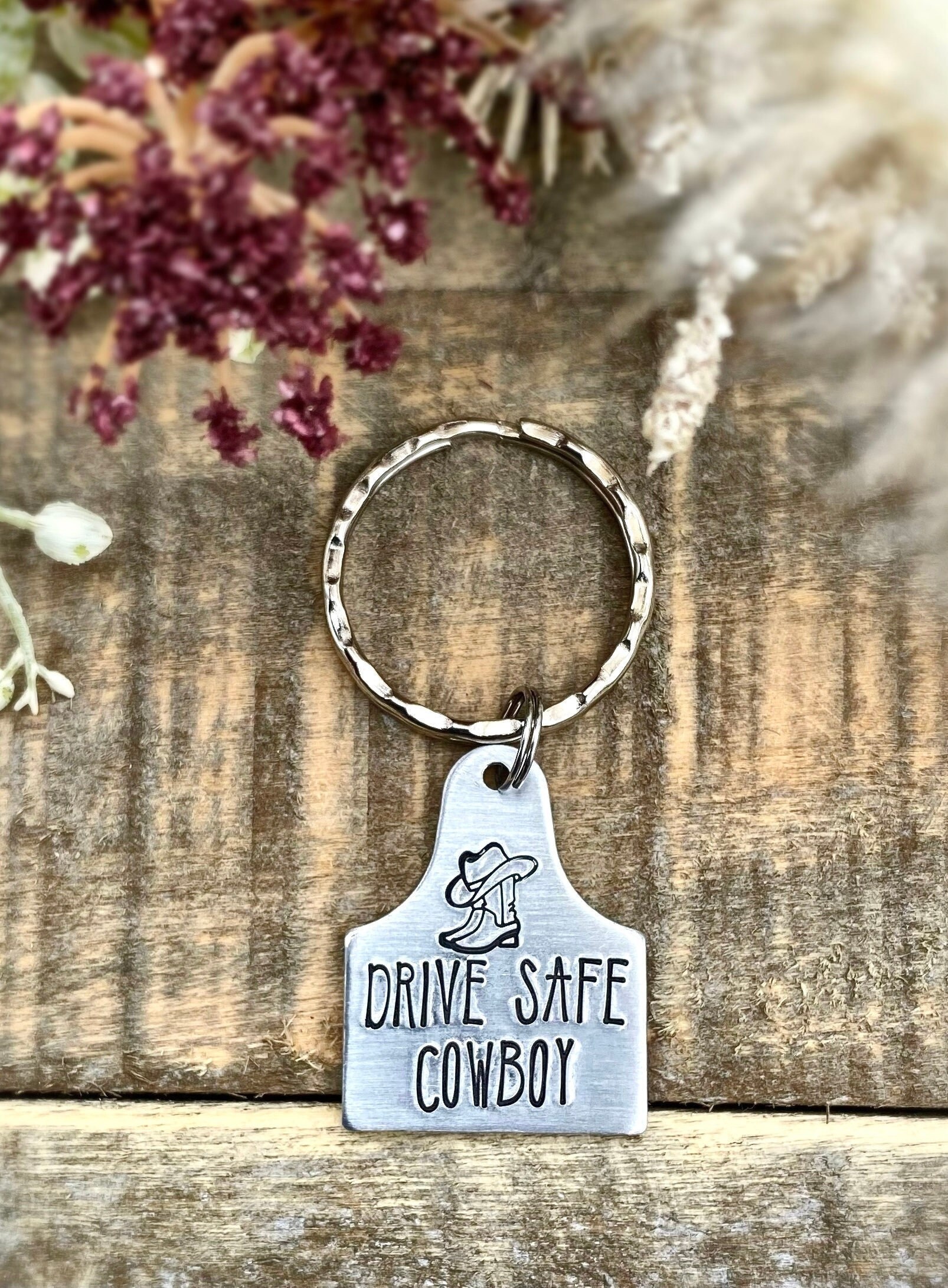 Hand Stamped Cattle Ear Tag Drive Safe Cowboy Keychain - Etsy