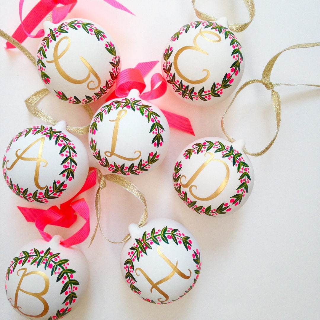 Hand Painted Alphabet Ceramic Christmas Bauble With Neon Pink Wreath ...