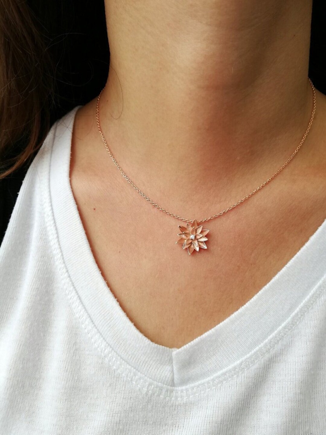 Lotus Necklace / Gold Necklace / Diamond Necklace / 14K Solid Gold ...