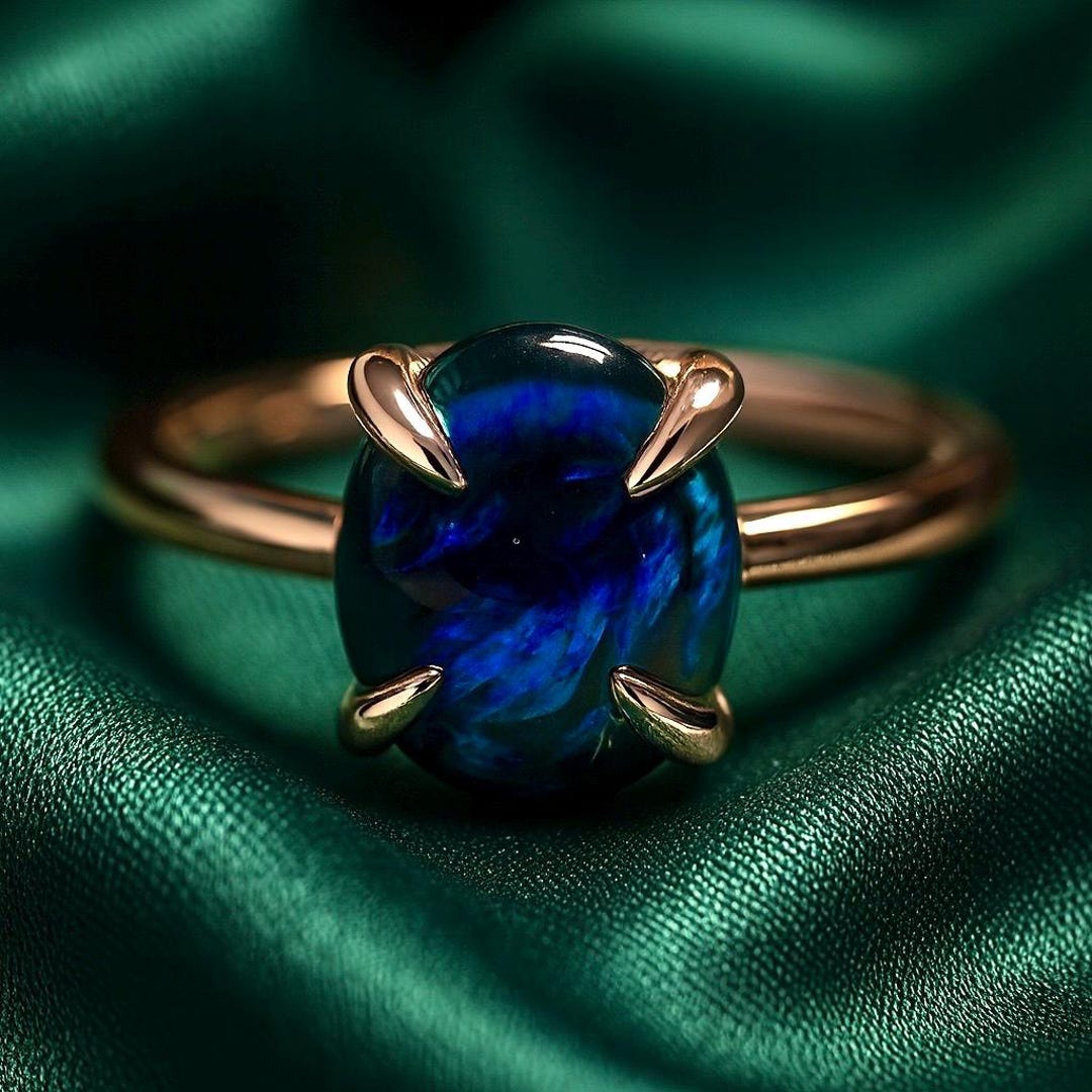 8K Solid Gold Ring With Cabochon Cut Lab-created Blue Opal – Minimalist ...
