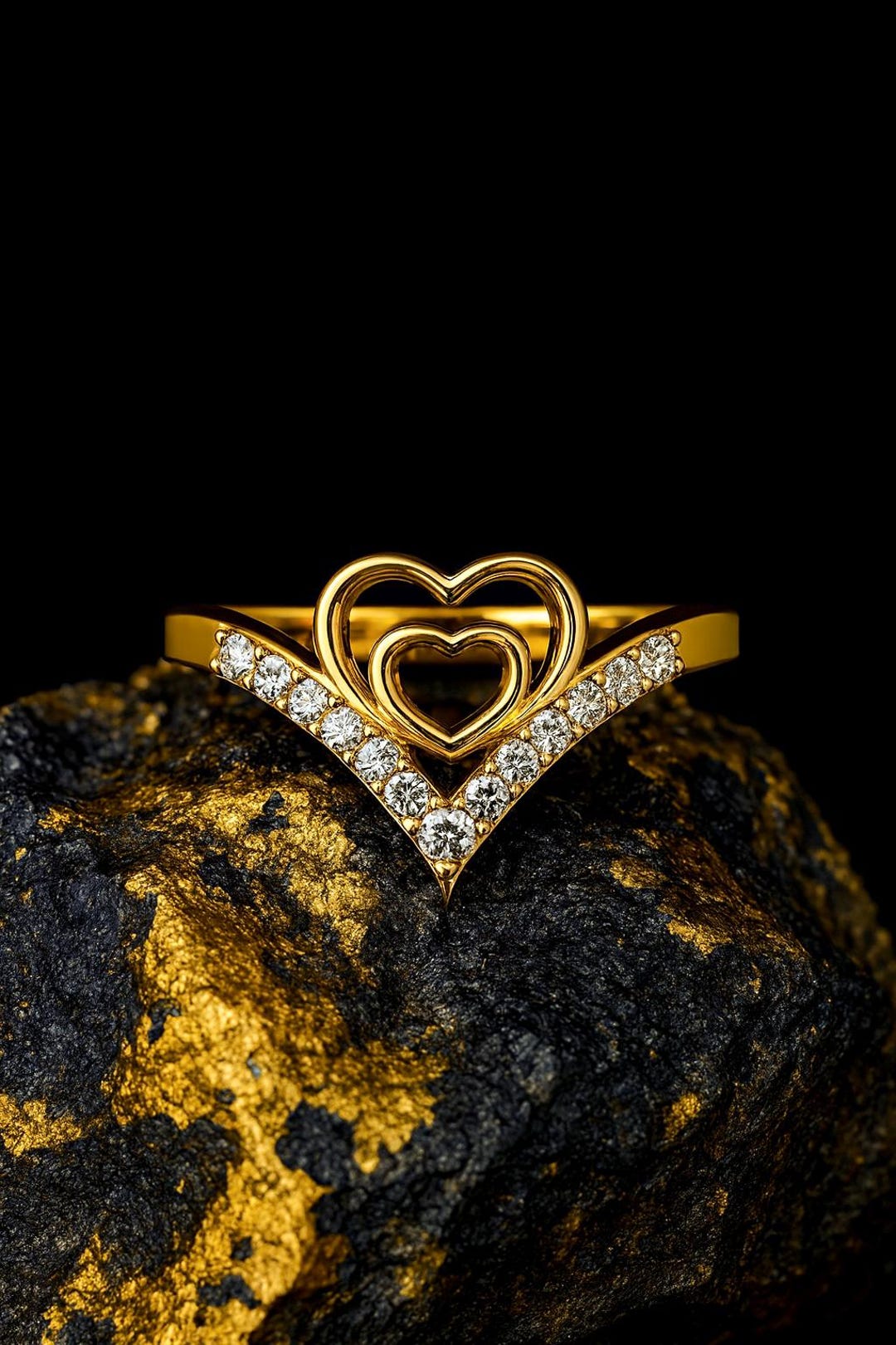 8K — 14K Gold Double Heart Diamond Ring – V Shape CVD Diamond Promise ...