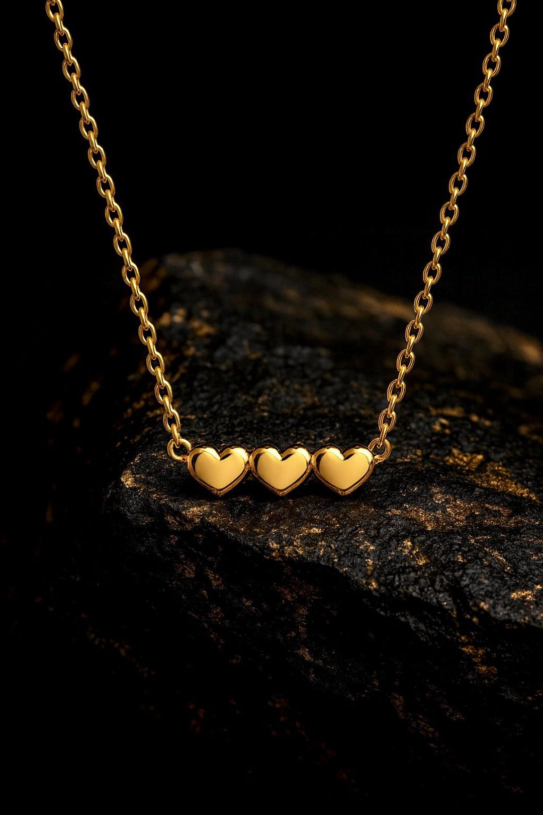 14K Solid Gold Three Heart Necklace • Minimalist Triple Heart Pendant ...