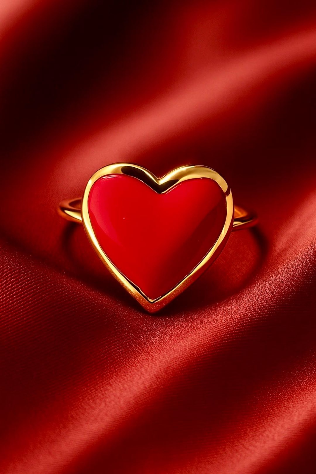 8k Solid Gold Red Enamel Heart Ring – Dainty Love Ring, Minimalist Gold ...
