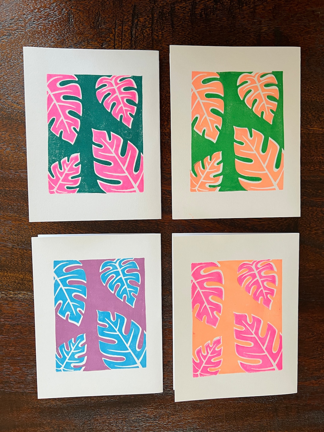 4 Pack Monstera Two Tone Print Card (hand Printed) - Etsy