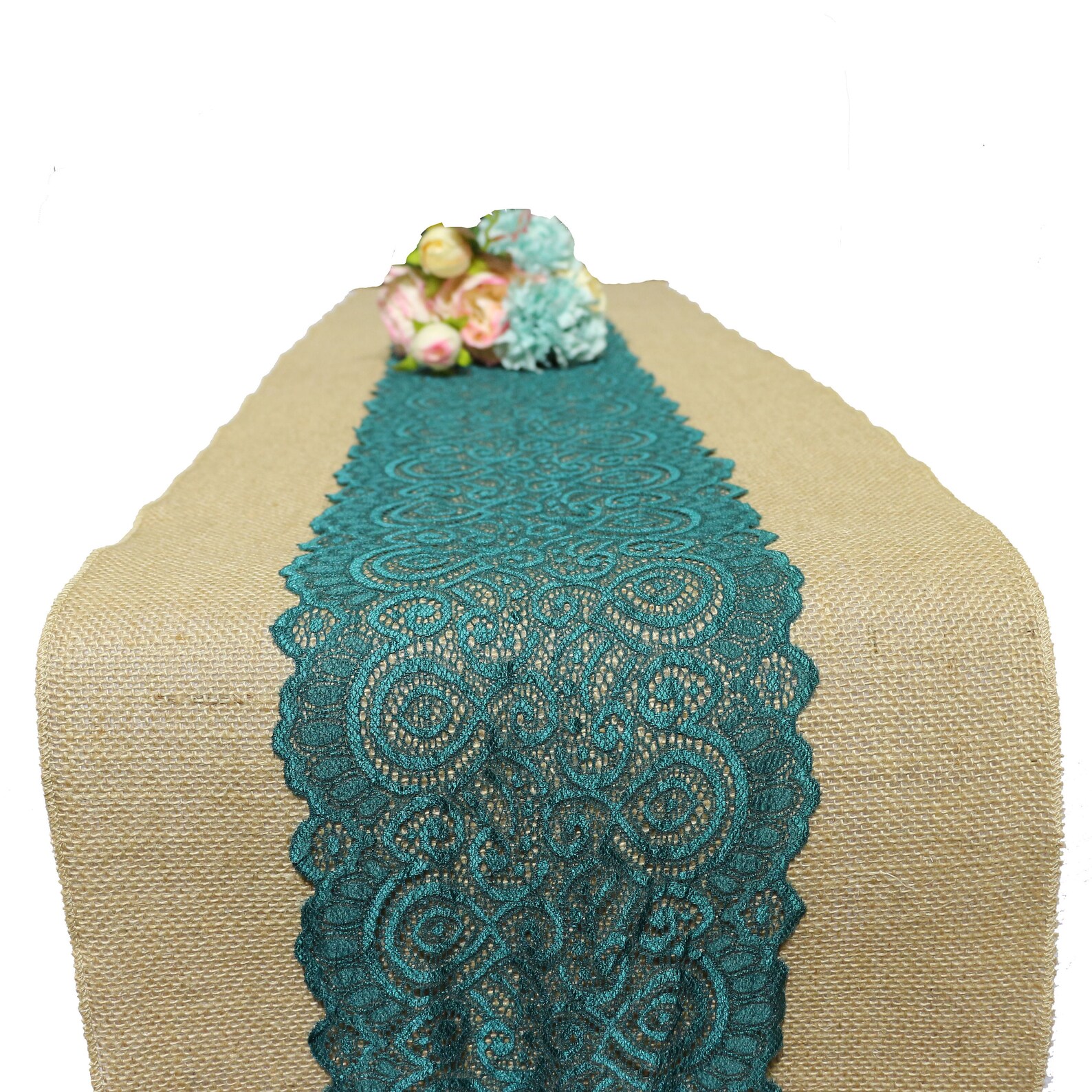 Burlap Table Runner, Burlap Runner With Teal Lace,burlap and Lace Table ...