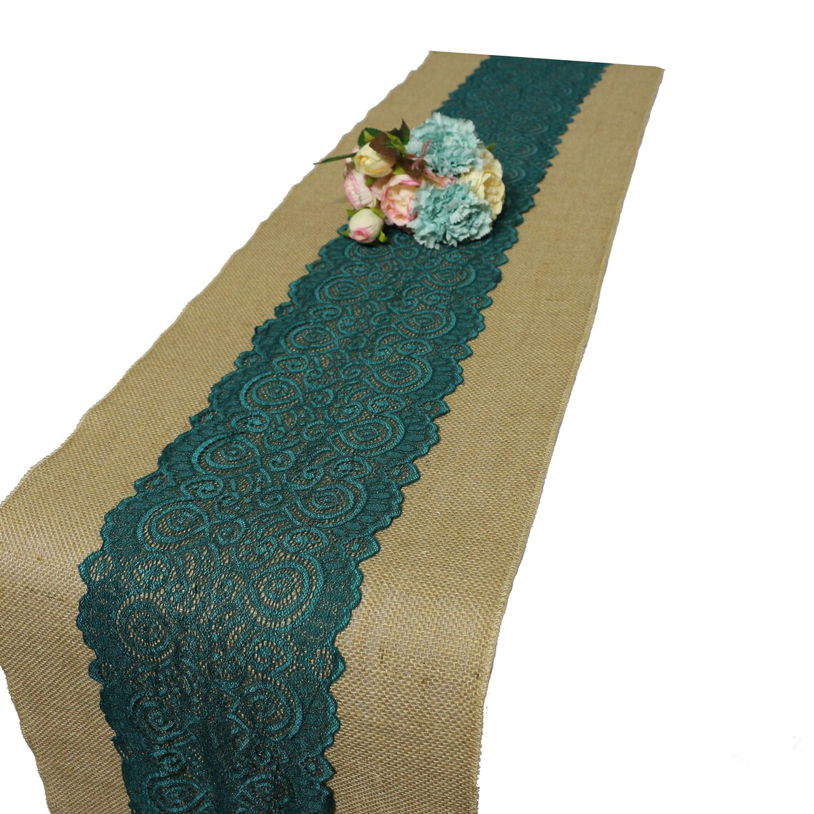 Burlap Table Runner, Burlap Runner With Teal Lace,burlap and Lace Table ...