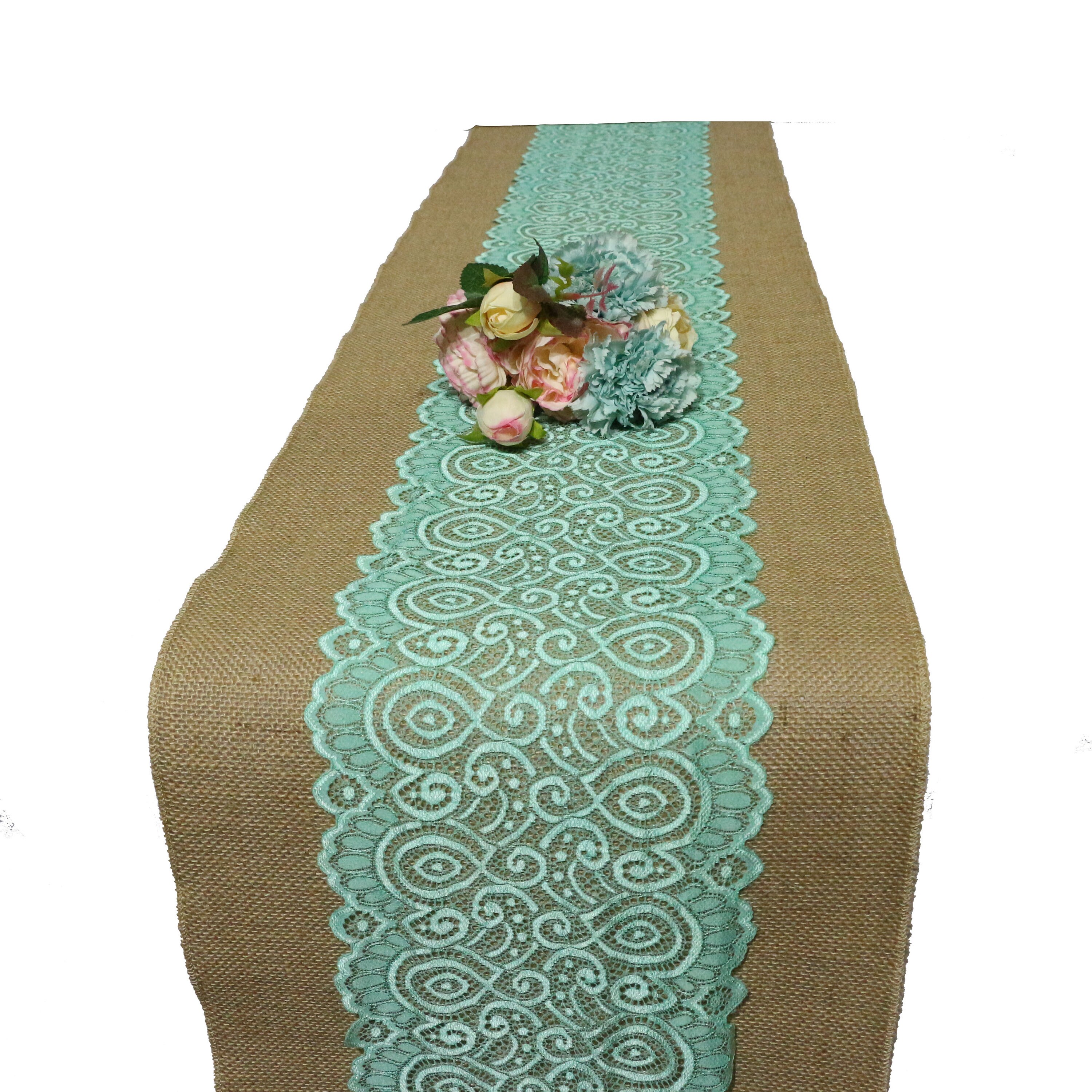 Burlap Table Runner, Burlap Runner With Mint Lace,burlap and Lace Table ...