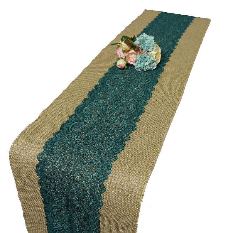 Burlap Table Runner Burlap Runner With Teal Laceburlap and - Etsy