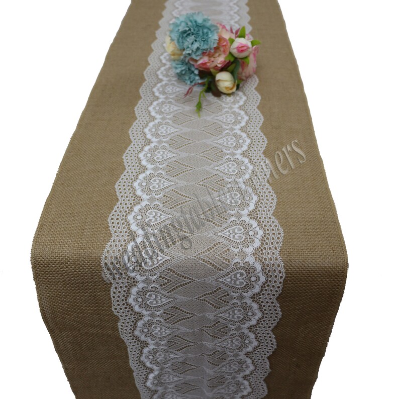 Burlap Runner With White Lace Burlap Table Runner Farmhouse - Etsy