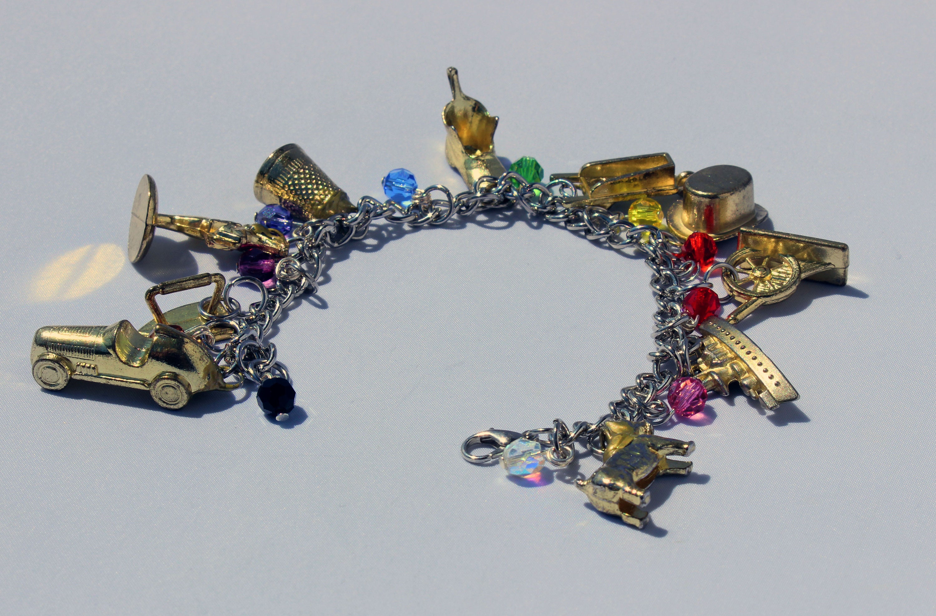 Gold Monopoly Token Charm Bracelet with Rainbow Beads | Etsy