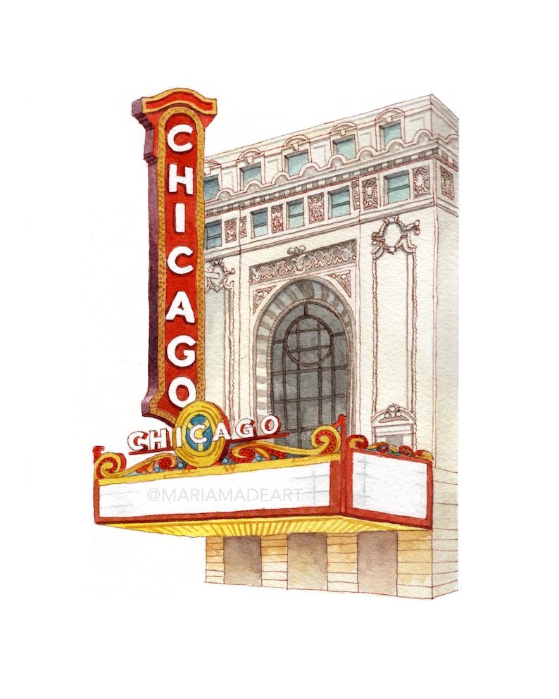 Chicago Theatre Watercolor Print | Landmark Architecture Art - Etsy