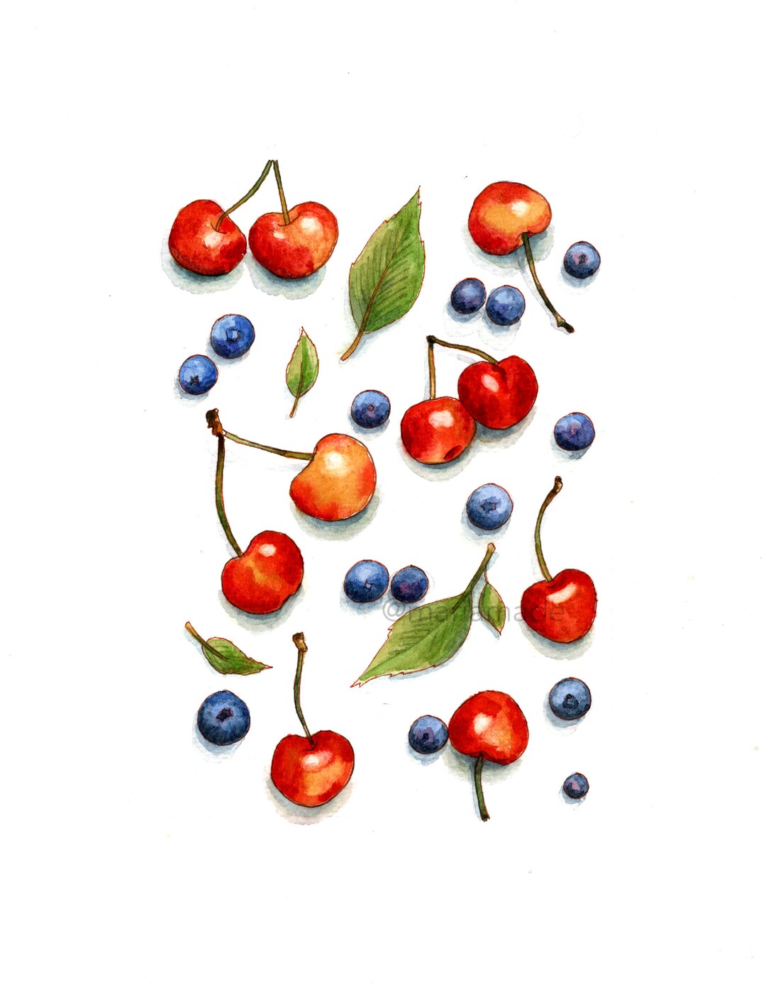 Berry Blast Watercolor Print| Kitchen Print| Blueberries & Cherries ...
