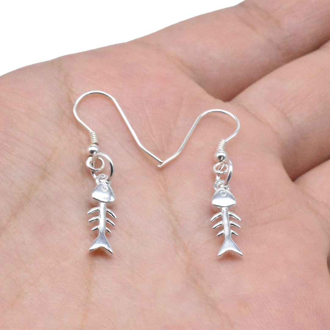 1 Pair Sterling Silver Fish Bone Earrings, 925 Silver Fish Skeleton ...