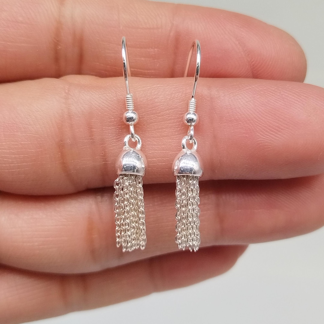 Sterling Silver Small Chain Tassel Earring, 925 Silver Shiny Tassel ...