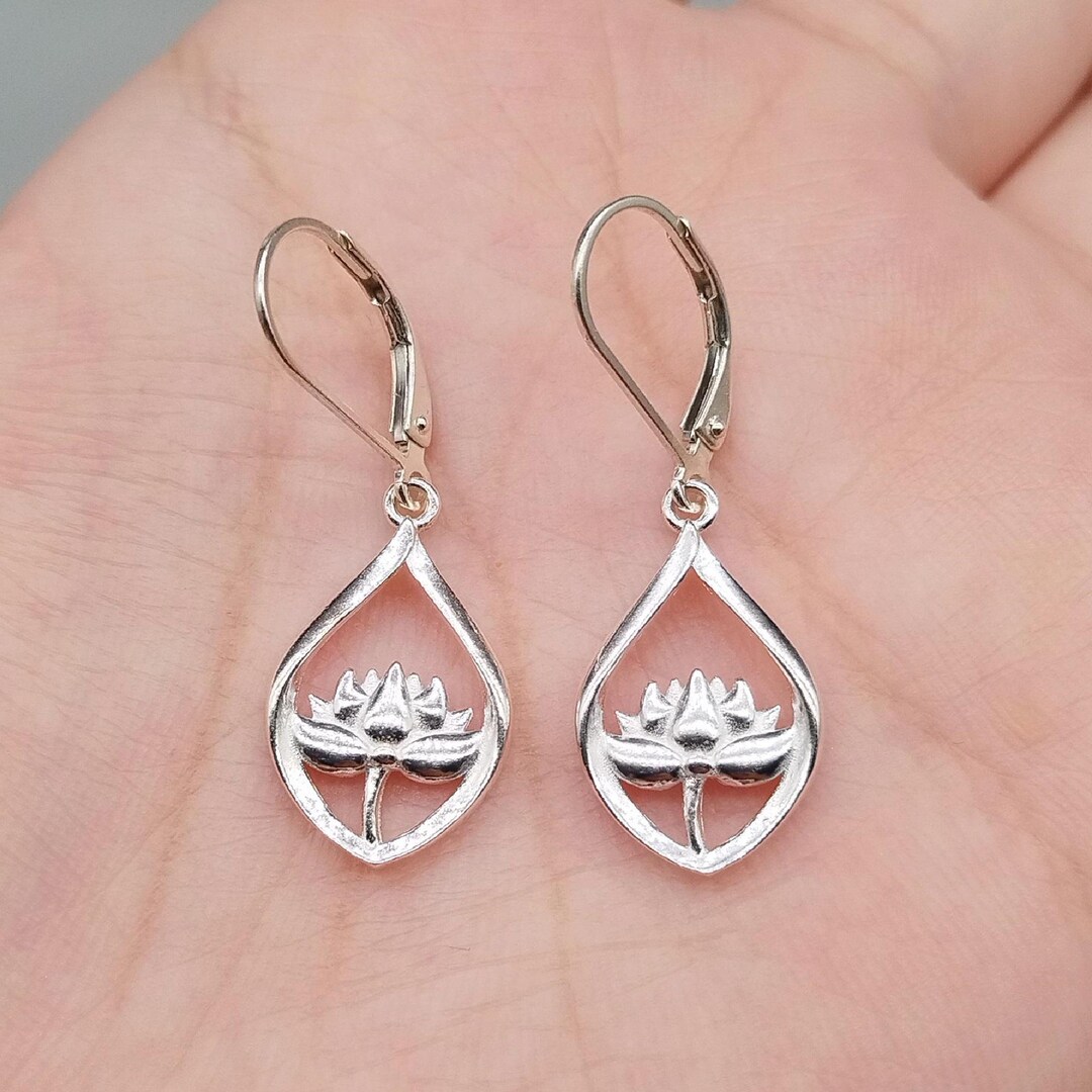 Sterling Silver Lotus Earring Leverback, 925 Silver Lotus Drop Earring ...