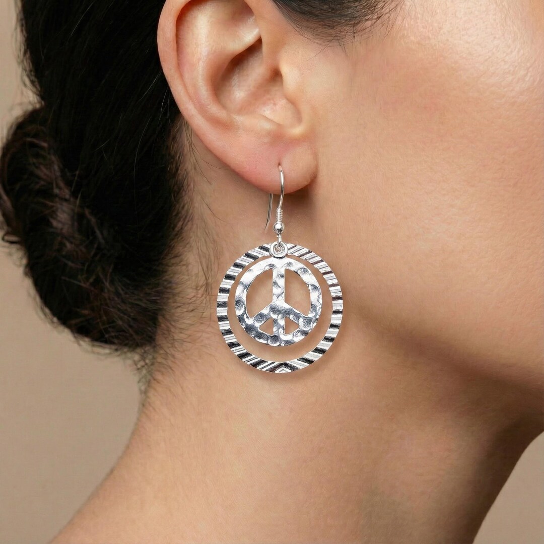 Sterling Silver Hammered Peace Sign Earring, Double Circle Peace Symbol ...