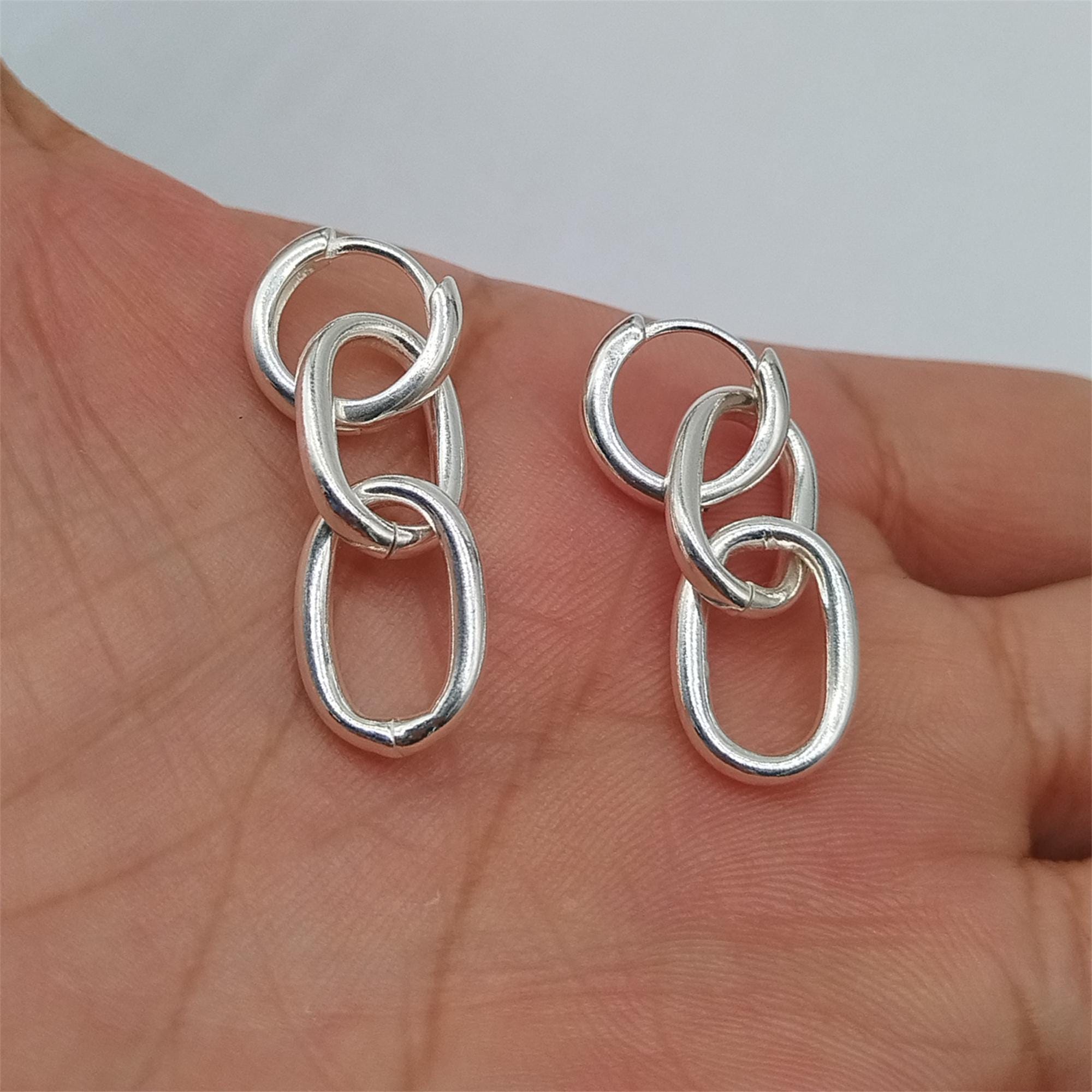 Sterling Silver Chain Huggie Earrings: Dangle Drop Hoops - Etsy
